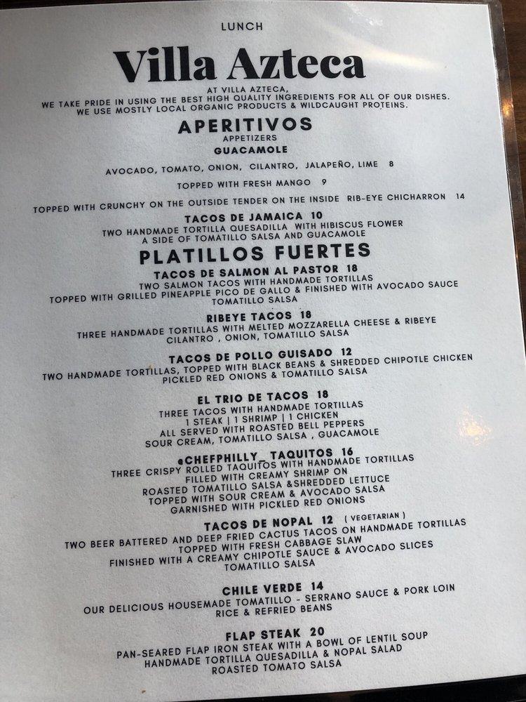 Menu at Villa Azteca restaurant, Salinas