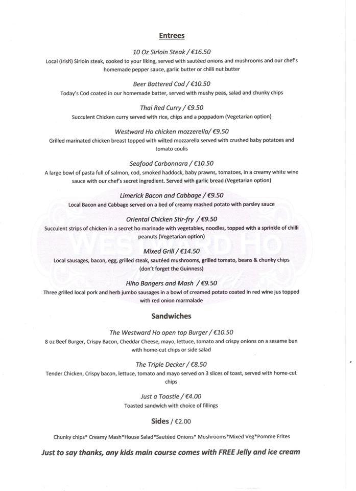 Menu at Westward Ho pub & bar, Limerick