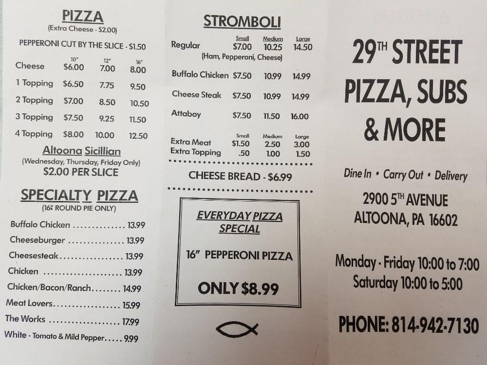 Menu at 29th St Pizza Subs & More pizzeria, Altoona