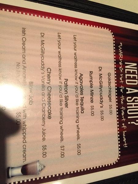 Menu at Comedy Cafe, Milwaukee