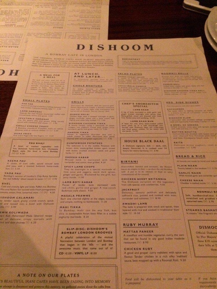 Menu at Dishoom Shoreditch restaurant, London, 7 Boundary St