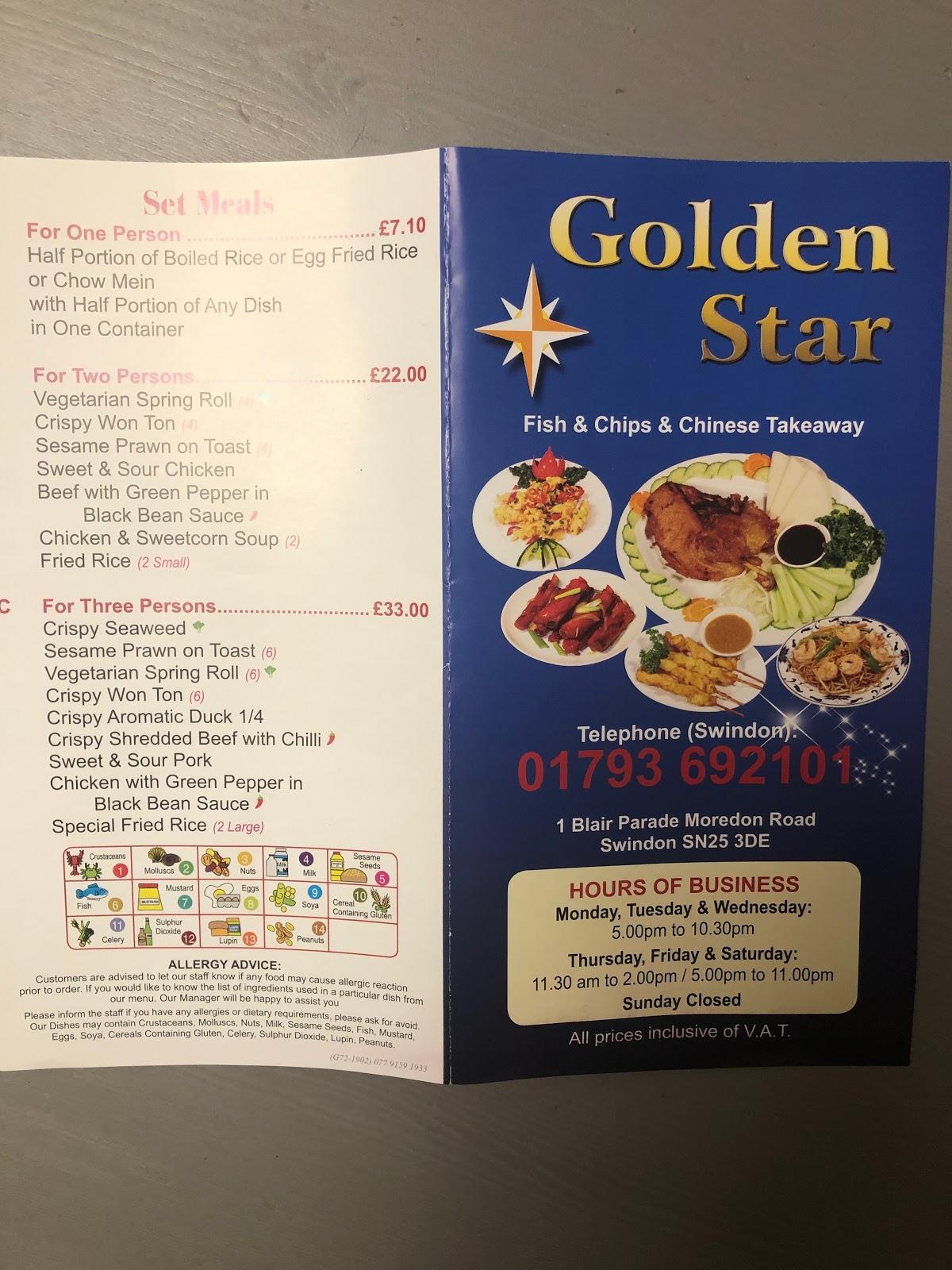 Menu at Golden Star restaurant, Swindon, 1 Blair Parade