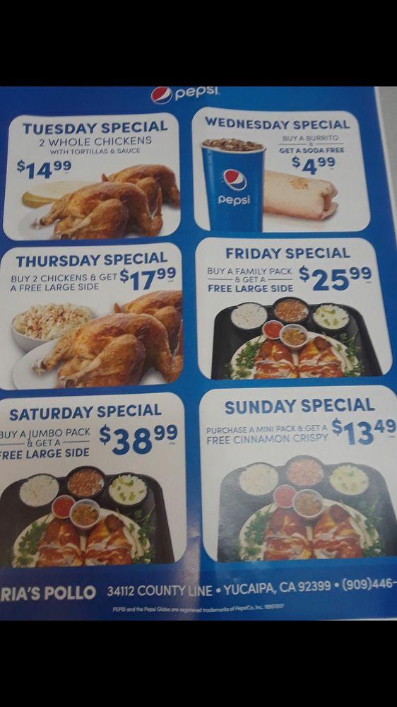 Menu at Maria Pollo restaurant, Yucaipa