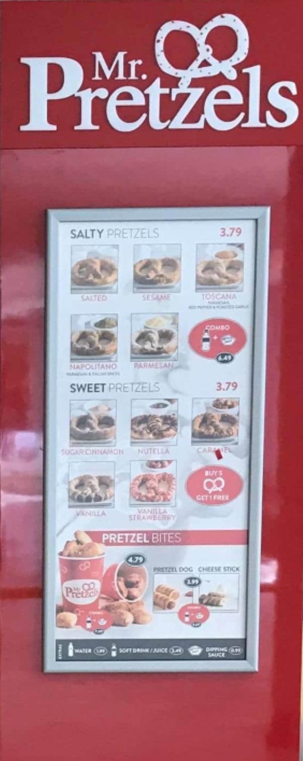 Menu at Mr. Pretzels restaurant, London