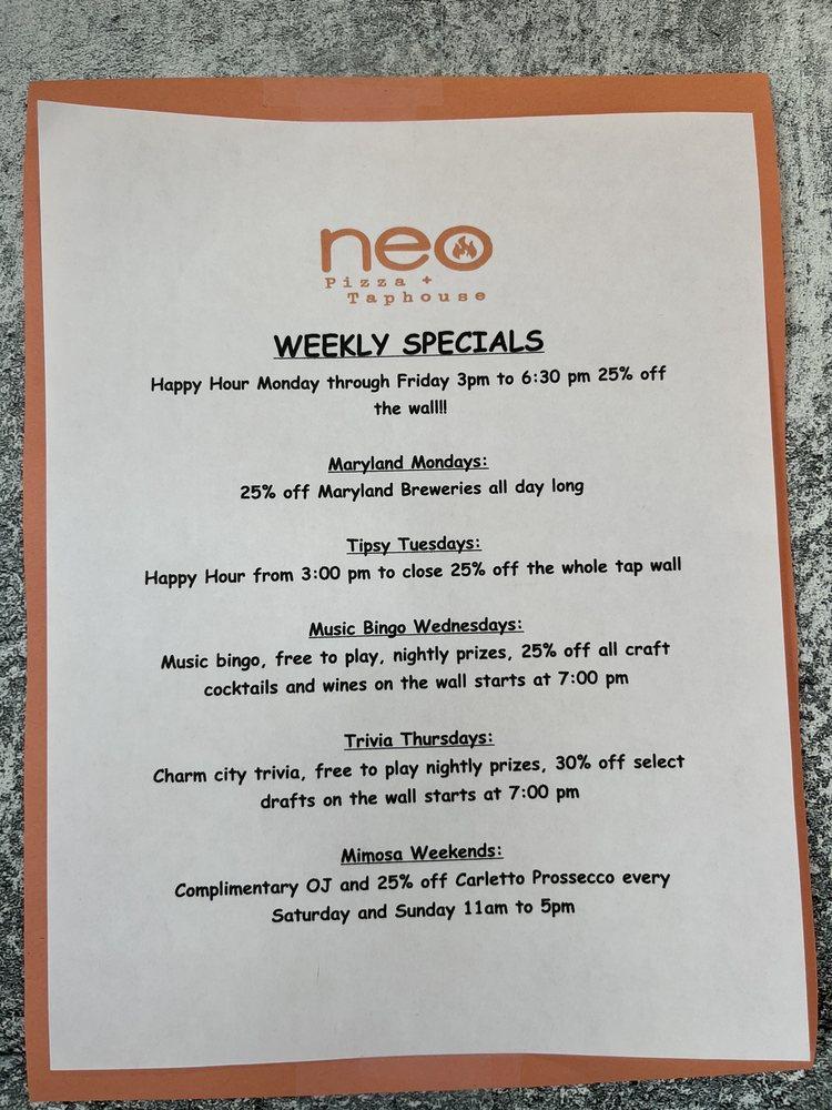 Menu at Neo Pizza & Taphouse Owings Mills pizzeria, Owings Mills