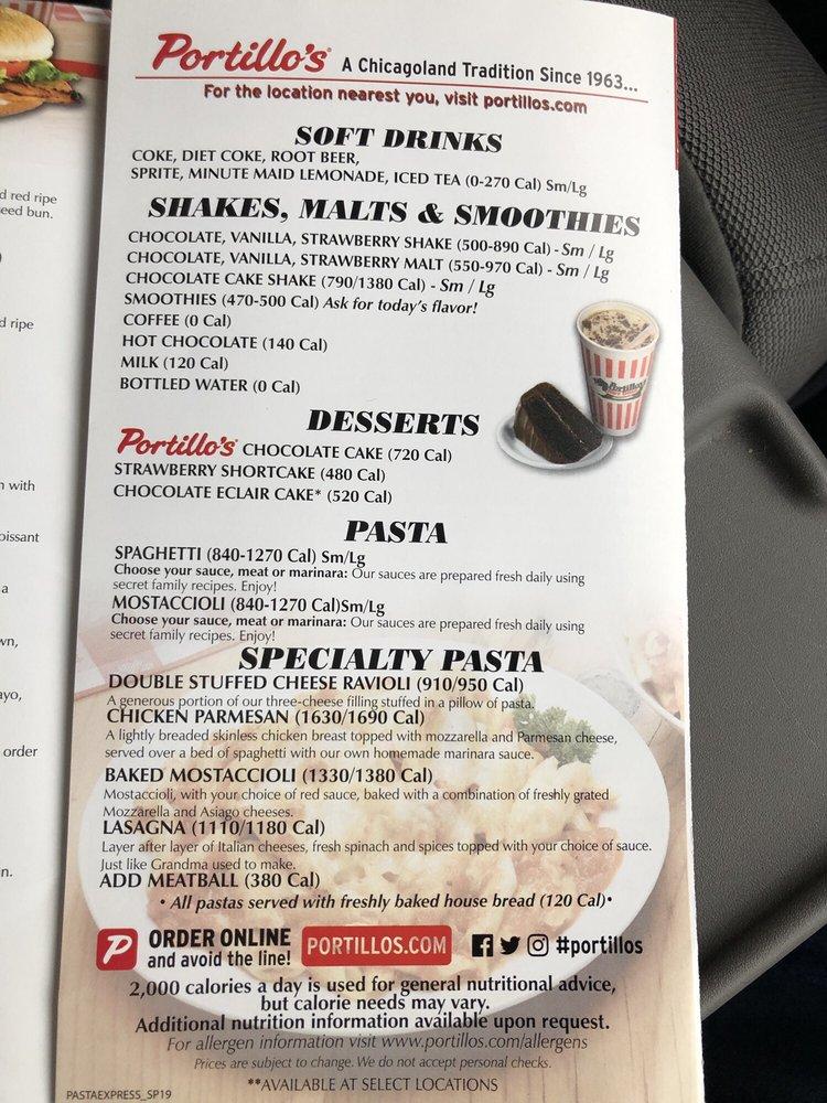 Menu at Portillo’s Indianapolis-IN fast food, Indianapolis, US 31 S