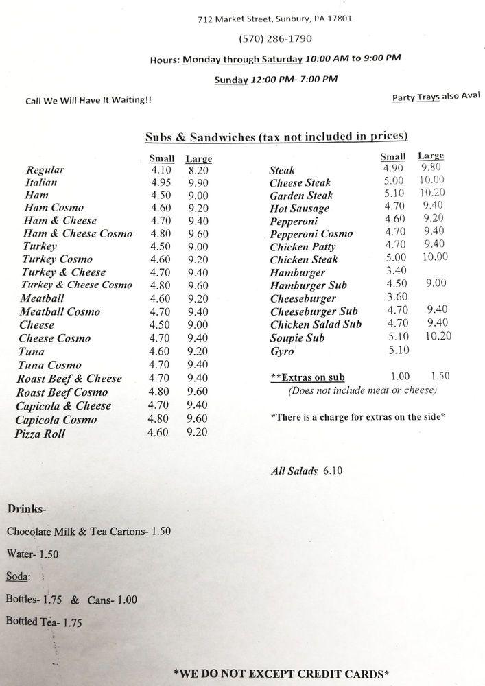 Menu at Sunbury Sub Shop restaurant, Sunbury