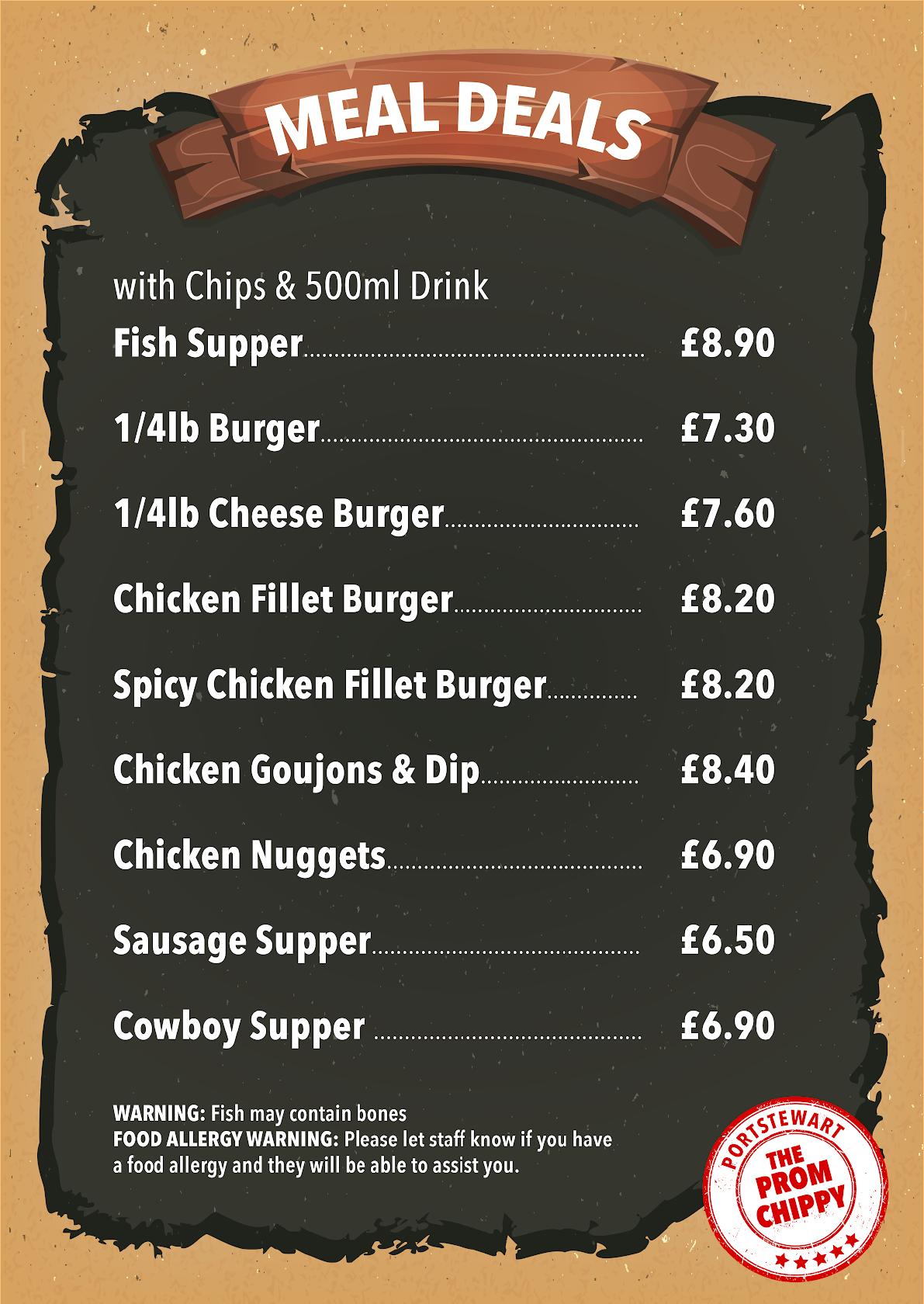 Menu at The Prom Chippy restaurant, Portstewart