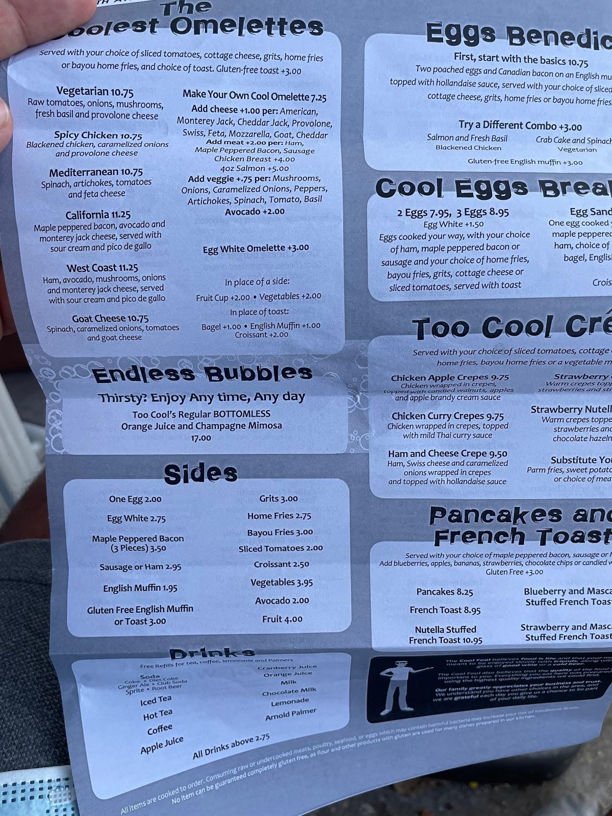 Menu at Too Cool Cafe, Indian Harbour Beach