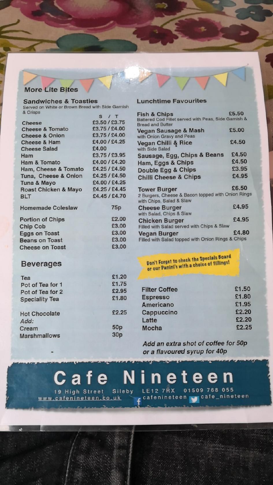 Menu at Cafe Nineteen, Mountsorrel, 19 High St