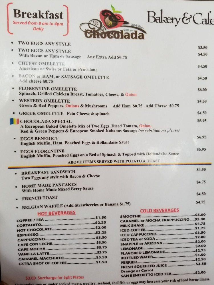 Menu at Chocolada Bakery & Cafe, Hollywood