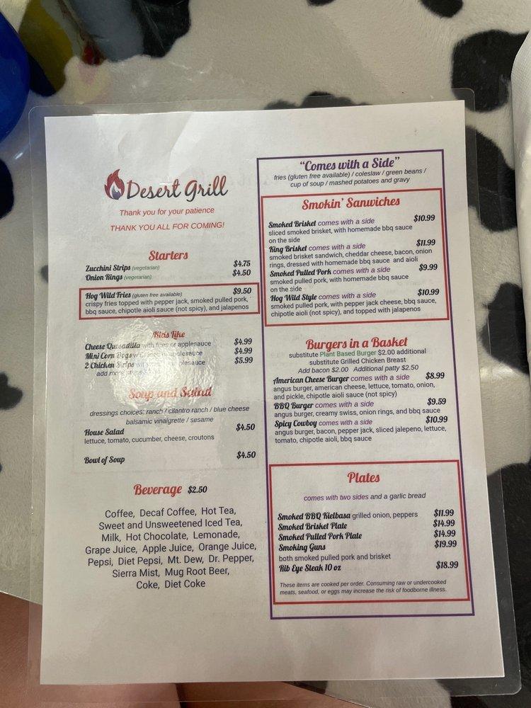 Menu at Desert Grill BBQ, Panguitch