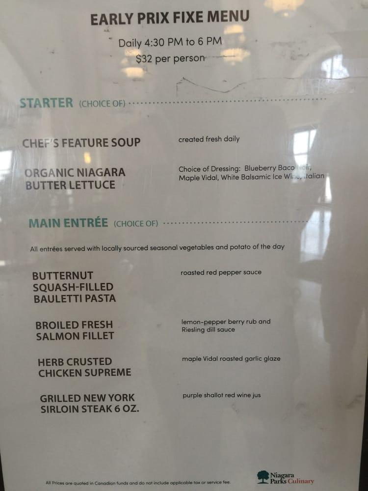 Menu at Elements on the Falls restaurant, Niagara Falls