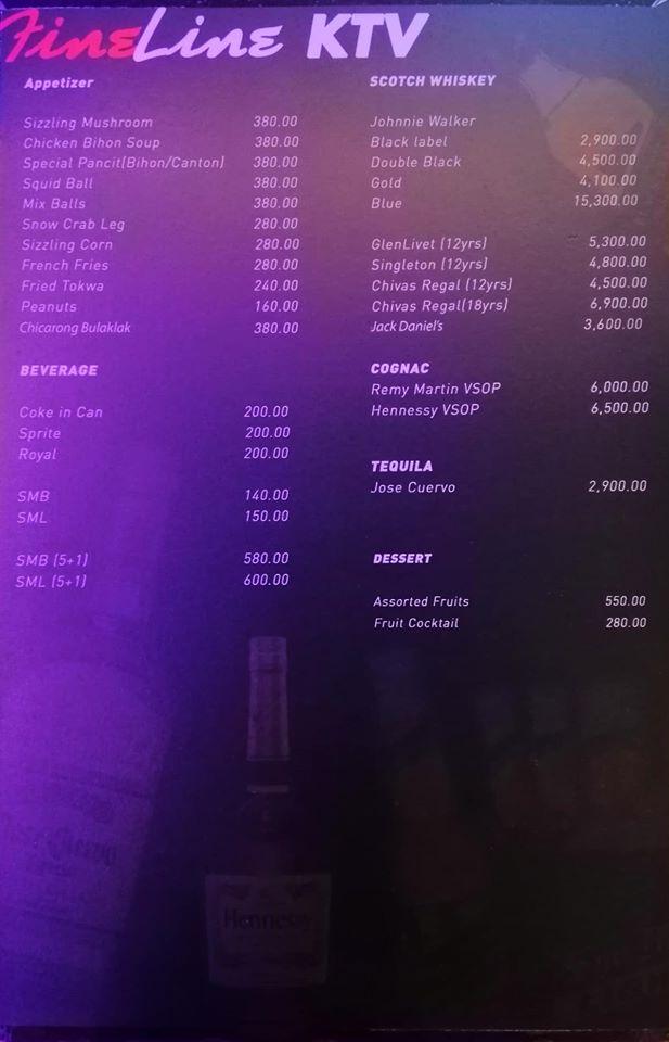 Menu at Fineline KTV Club, Quezon City