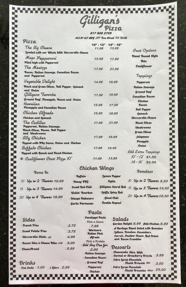 Menu at Gilligan's Pizza pizzeria, Benbrook, Benbrook Boulevard