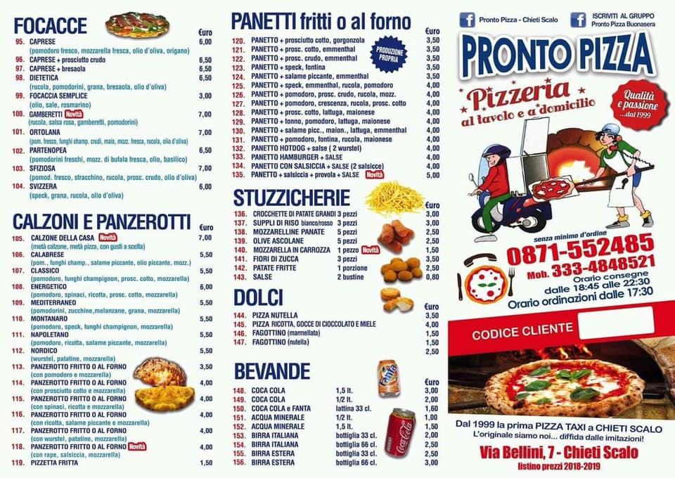 Speisekarte von Pronto Pizza, Chieti, Via Vincenzo Bellini