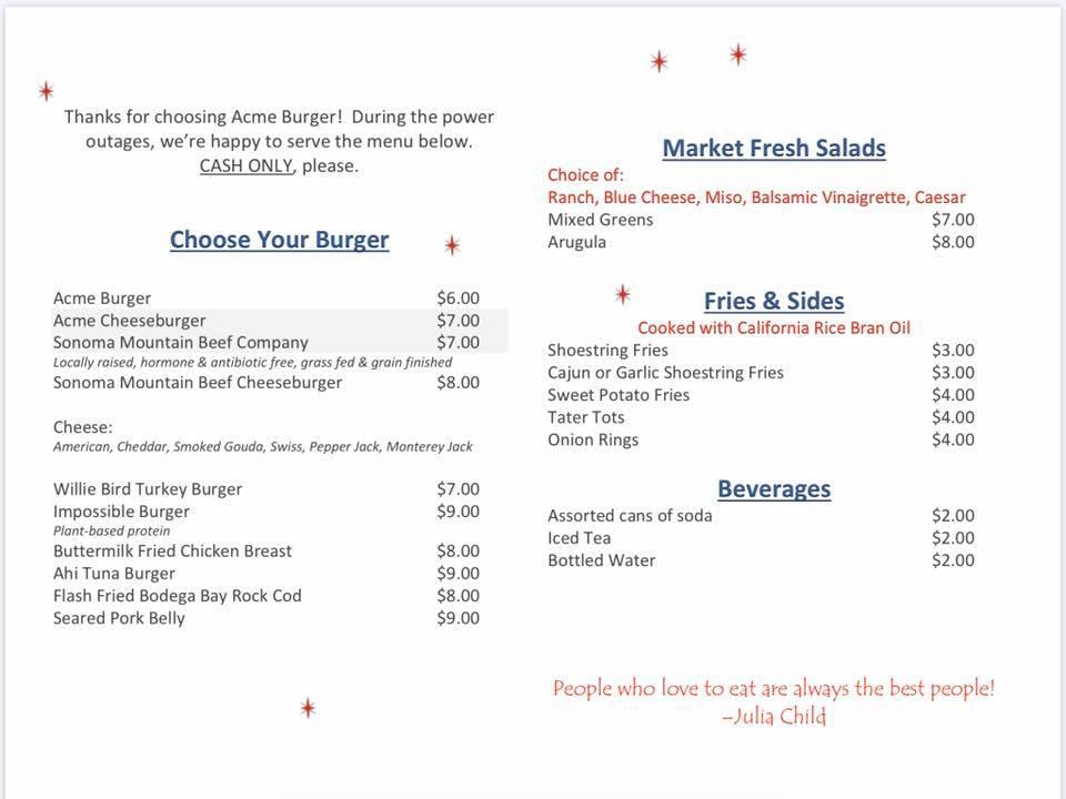 Menu at Acme Burger restaurant, Cotati