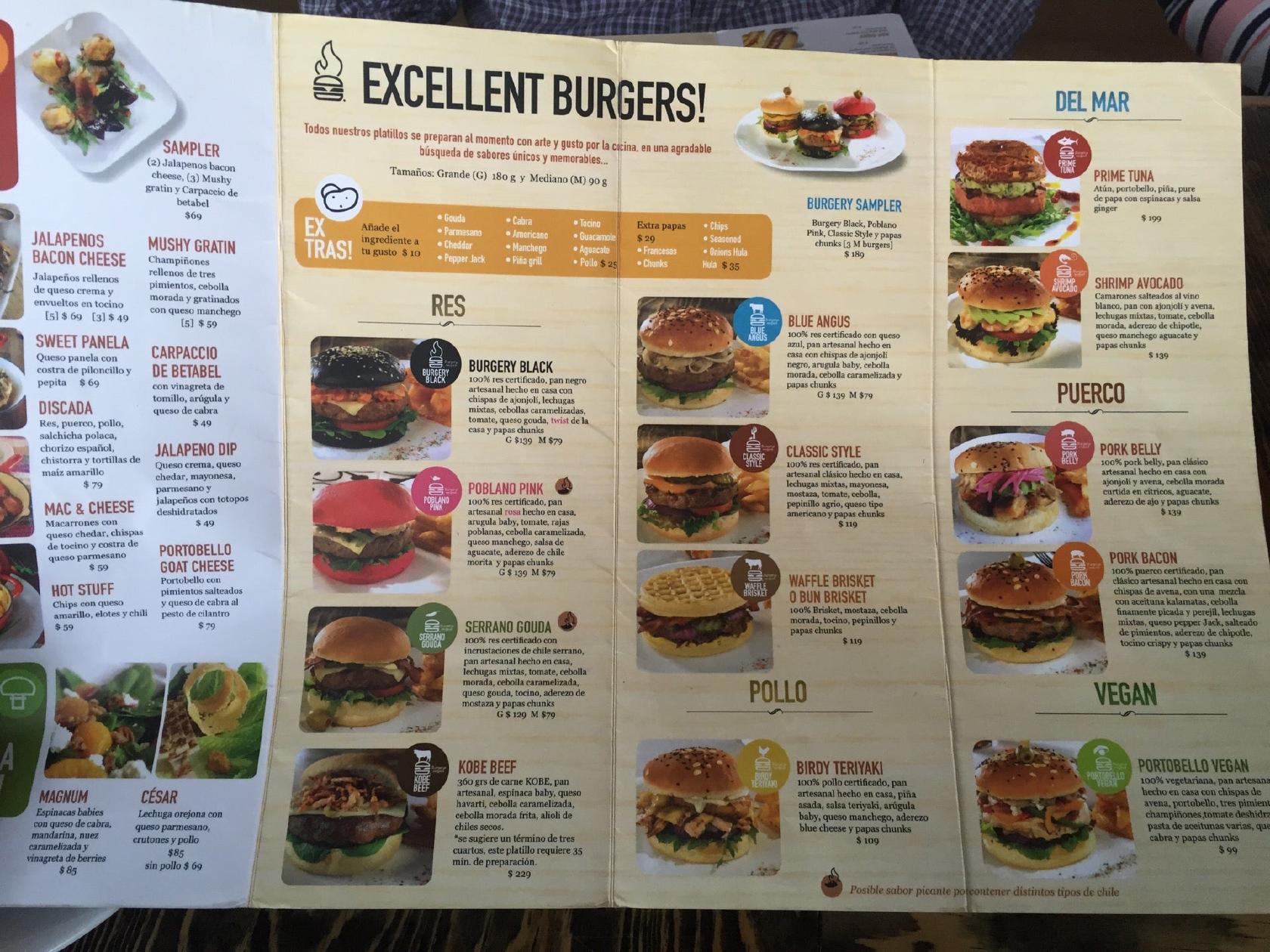 Menu at Burgery restaurant, Monterrey