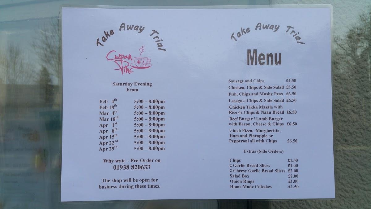 Menu at Cwpan Pinc pub & bar, Llangadfan