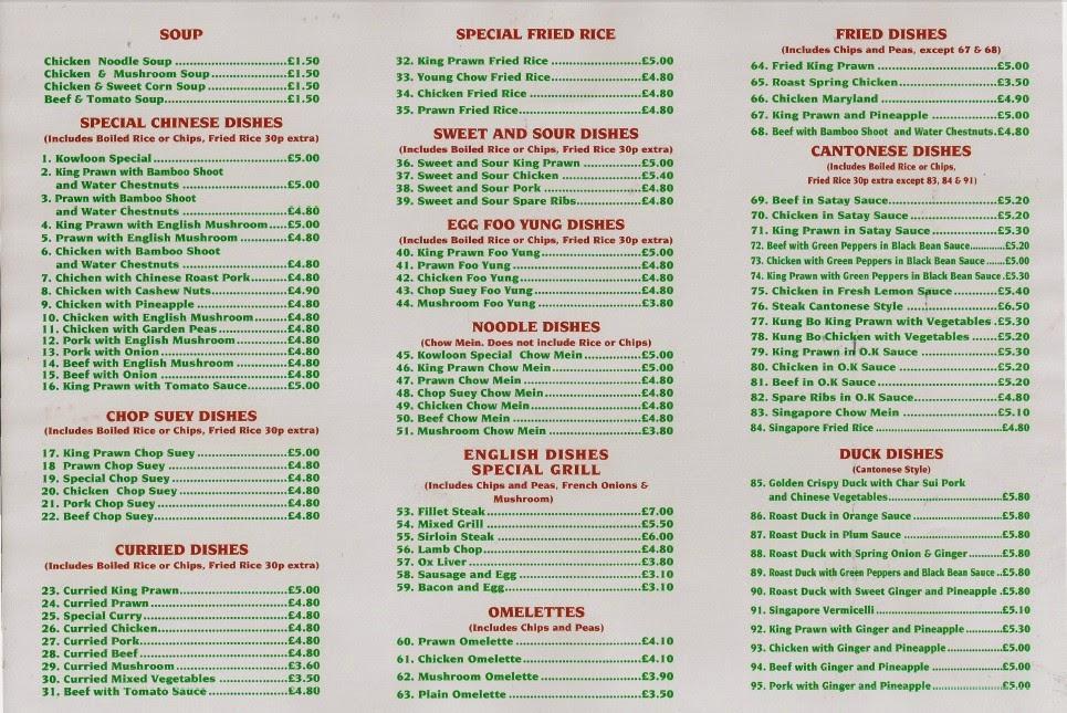 Menu at Kowloon Chinese Take Away fast food, Wakefield
