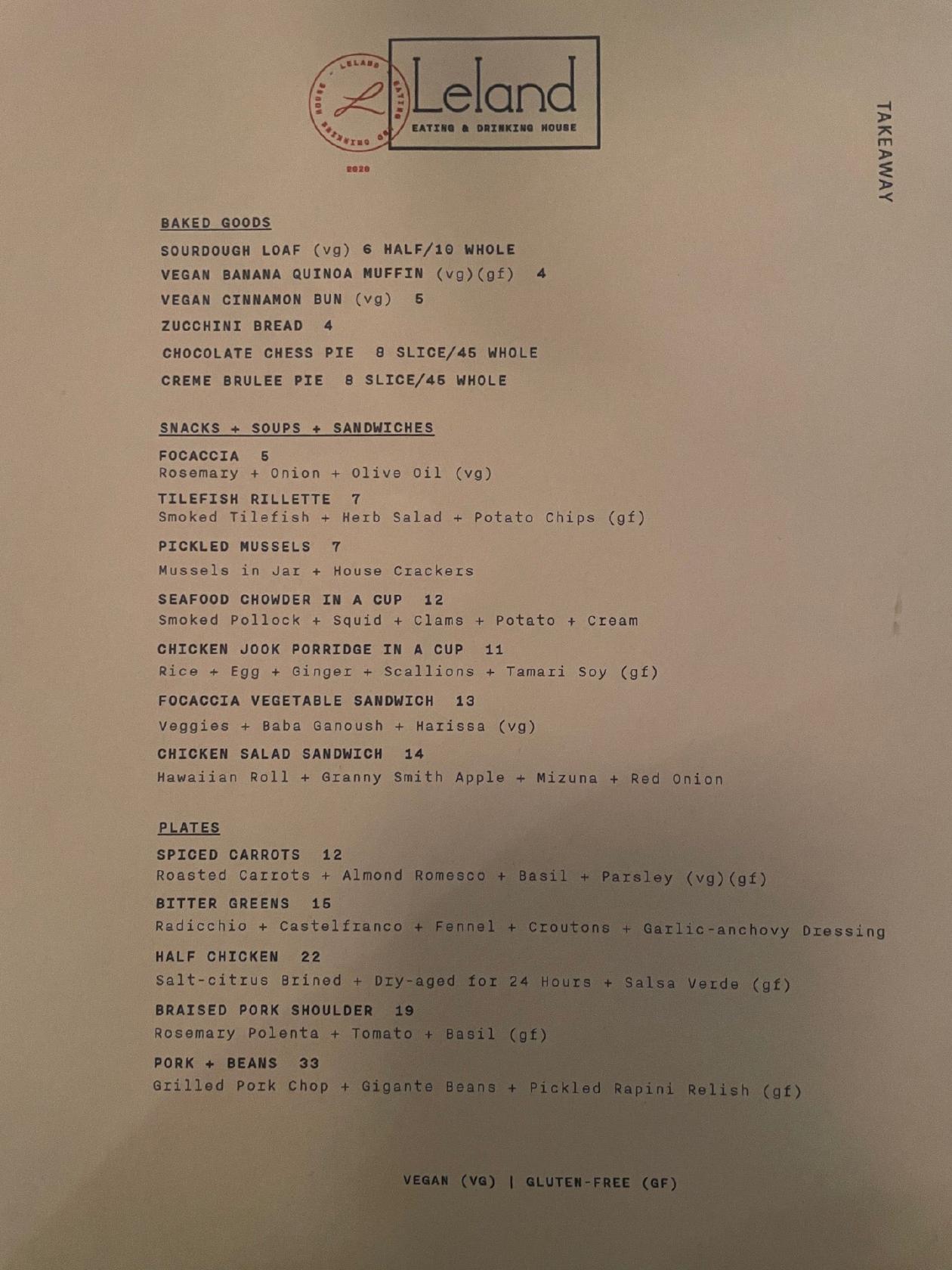 Menu at Leland Eating and Drinking House pub & bar, New York City