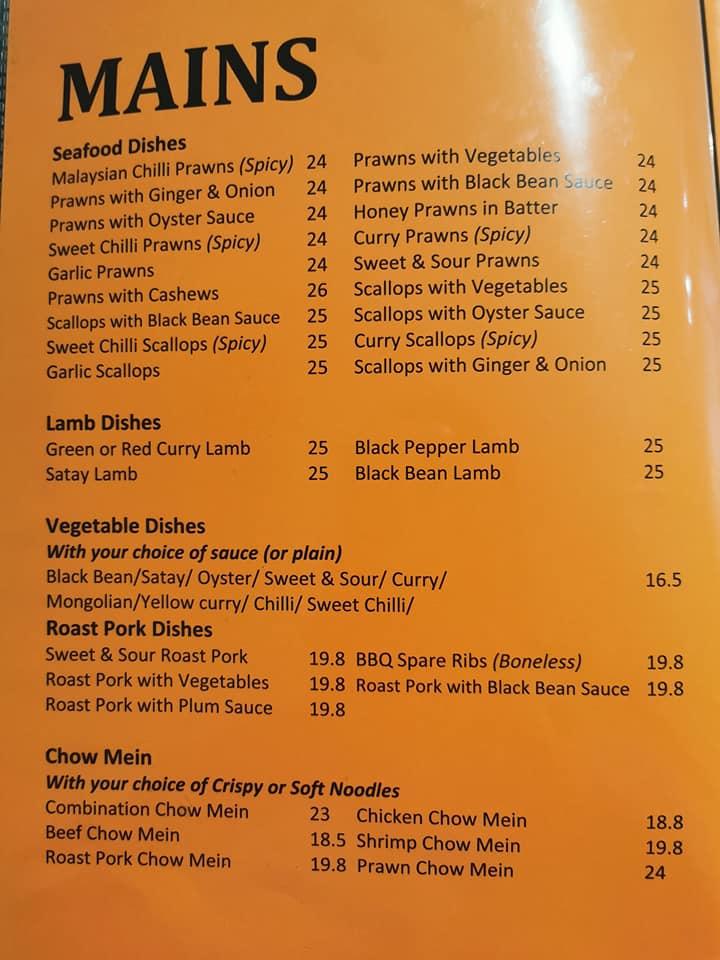 Menu at Lucky Sam's restaurant, Broadford