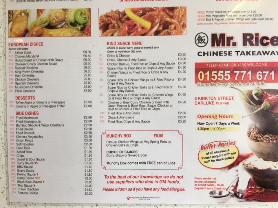 Menu at Mr Rice carluke fast food, Carluke