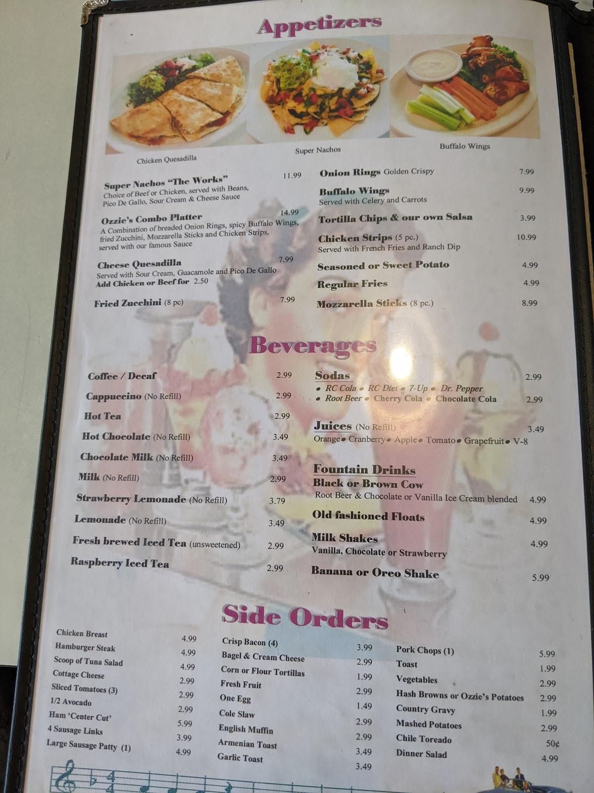 Menu at Ozzie's Diner pub & bar, Commerce
