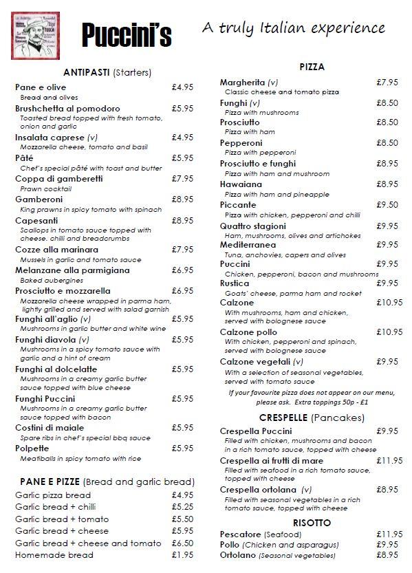 Menu at Puccini's restaurant, Barnsley