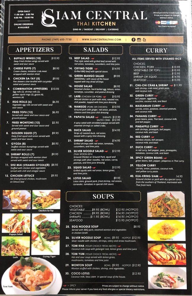 Menu at Siam Thai & Sushi Kitchen restaurant, Mission Viejo