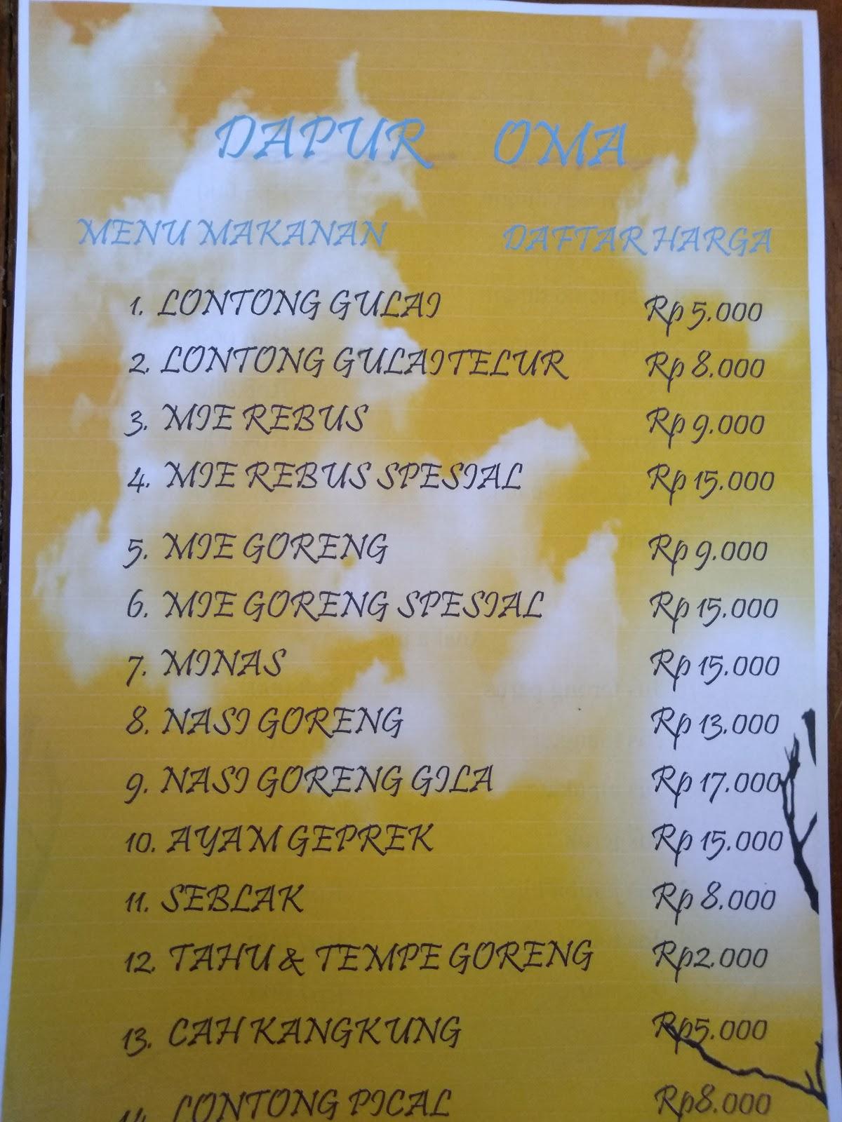 Menu at Dapur Oma restaurant, Padang