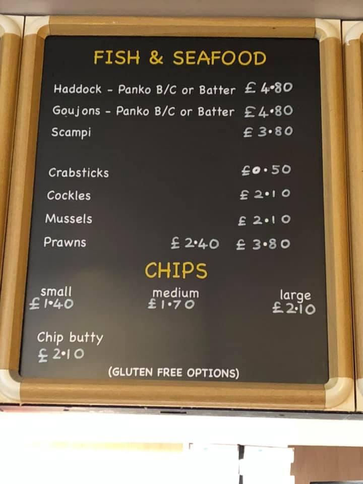 Menu at Harbour Fry fast food, Kirkwall