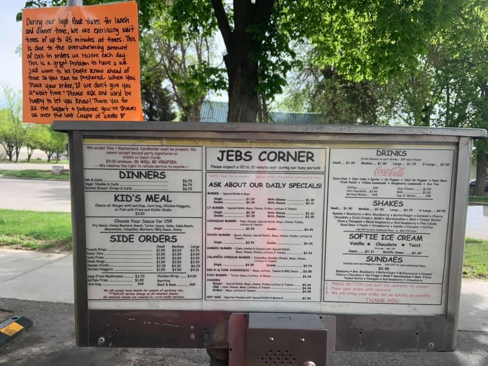 Menu at Jeb's Corner restaurant, Weiser