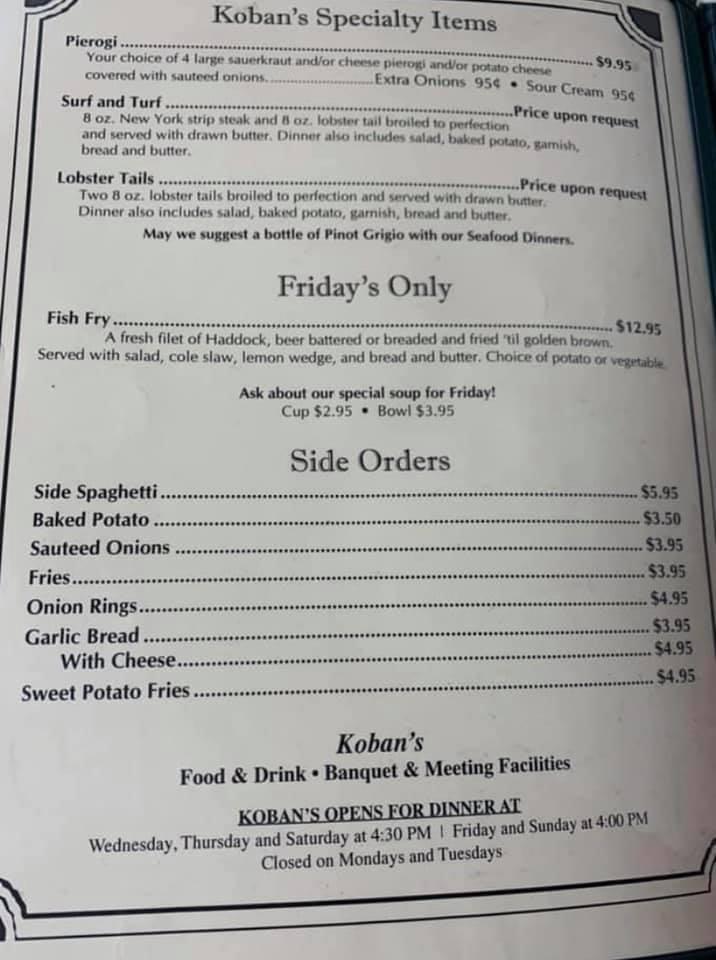 Menu at Kobans Restaurant, Niagara Falls