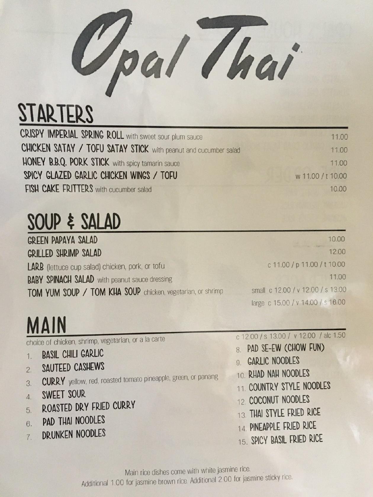 Menu at Opal Thai restaurant, Honolulu, Smith St Suite 6