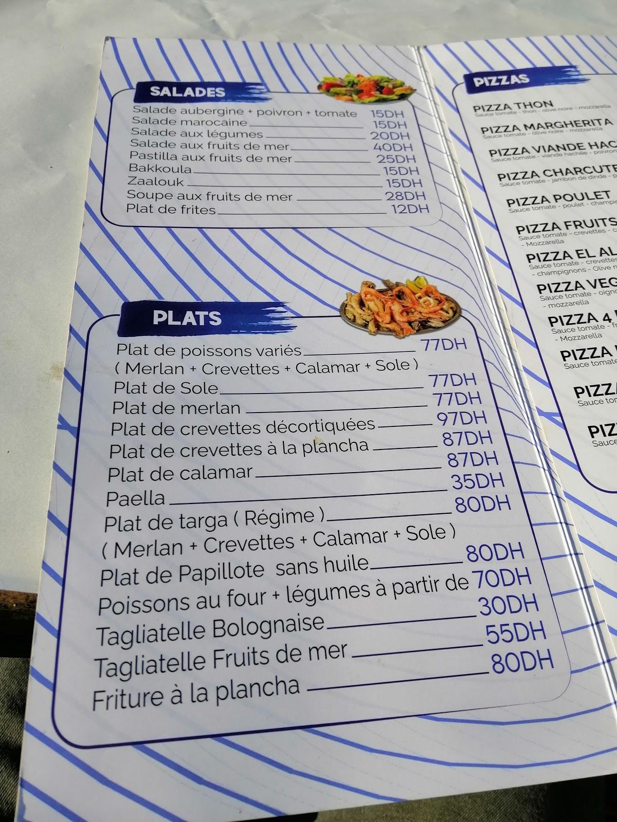 Menu at Poissons El ALAMI restaurant, Rabat, Corniche Assabah