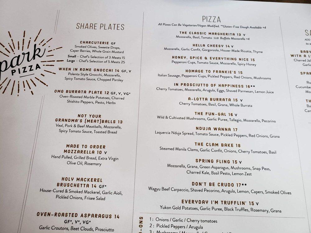 Menu at Spark Pizza pub & bar, Redmond