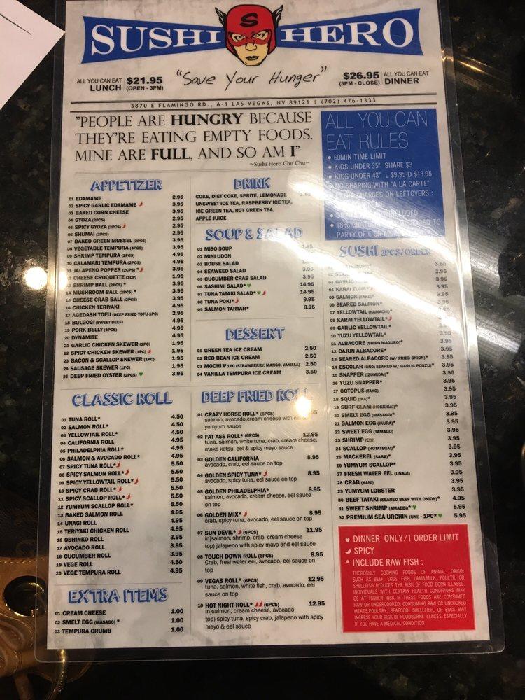 Menu at Sushi Hero restaurant, Las Vegas