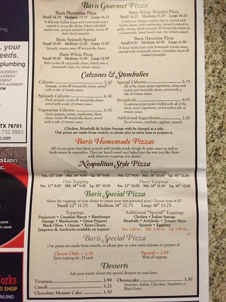 Menu at Baris, Waco, 904 N Valley Mills Dr