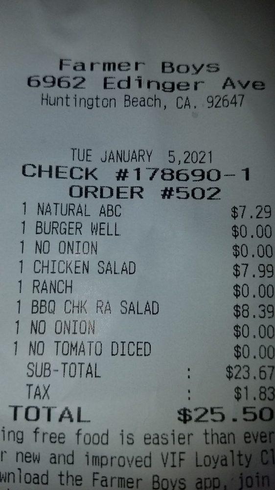 Menu at Farmer Boys restaurant, Huntington Beach