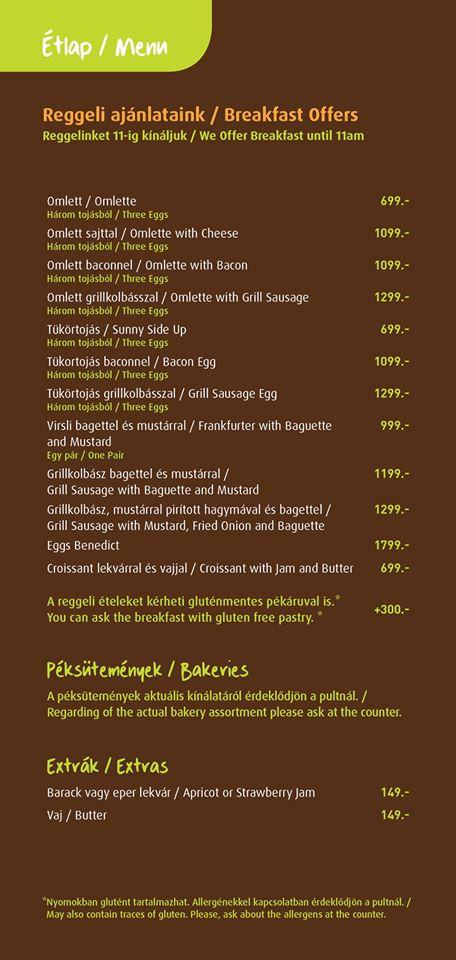 Carta de Fresh Corner Café, Budapest