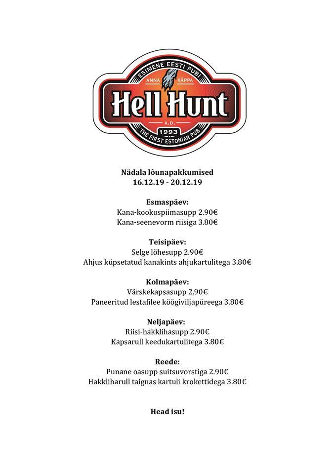 Menu at Hell Hunt pub & bar, Tallinn