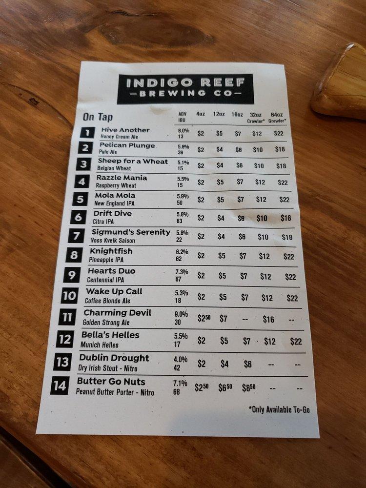 Menu at Indigo Reef Brewing Company, Charleston