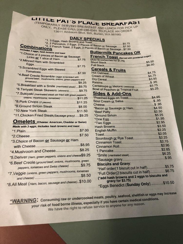 Menu at Little Pat's Place restaurant, Burien