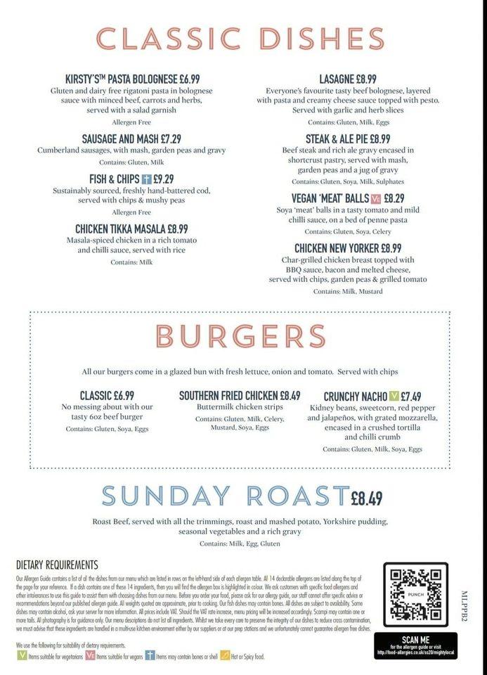 Menu at The Mill Tavern pub & bar, Flint