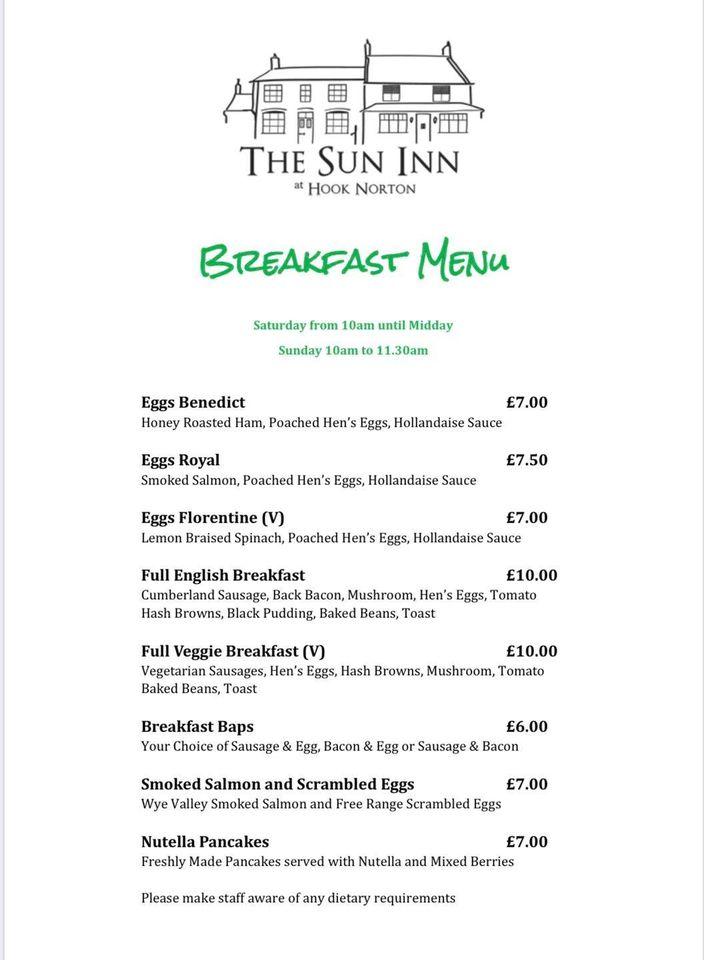 Menu at The Sun Inn pub & bar, Hook Norton