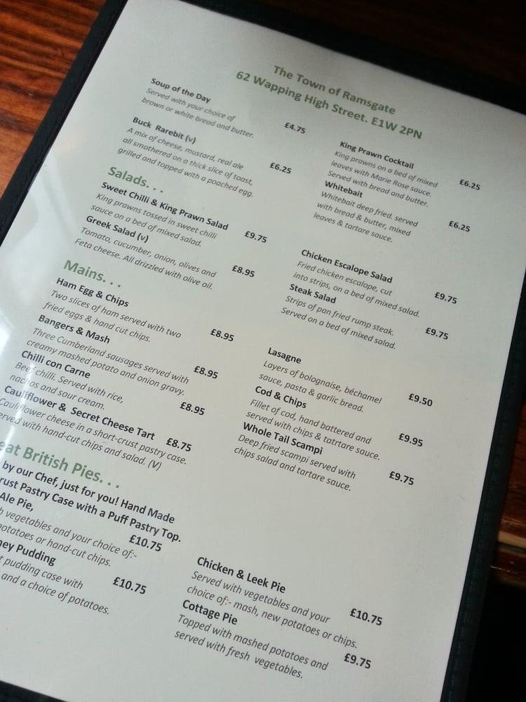 Menu at Town of Ramsgate pub & bar, London, 62 Wapping High St