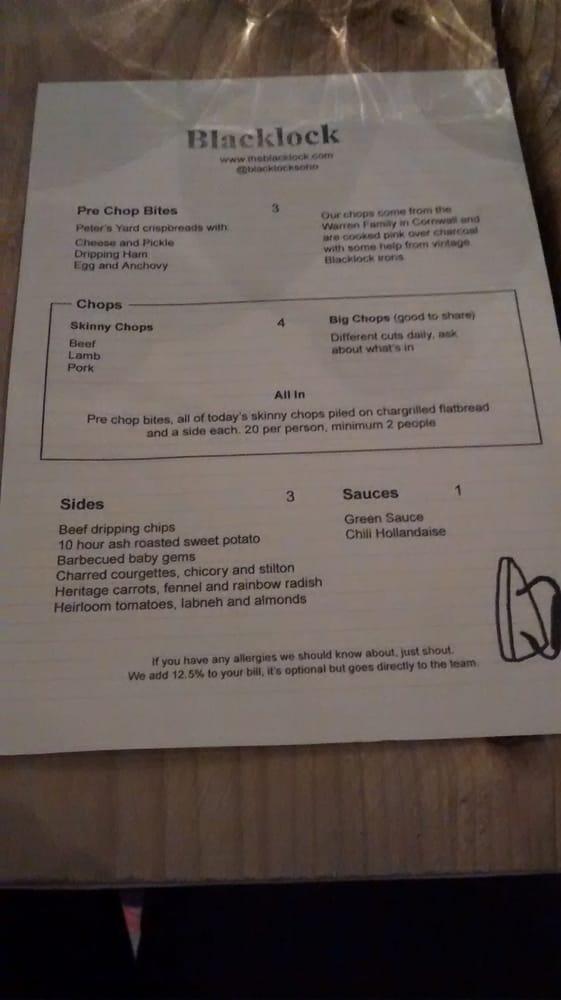 Menu at Blacklock Soho pub & bar, London, 24 Great Windmill St
