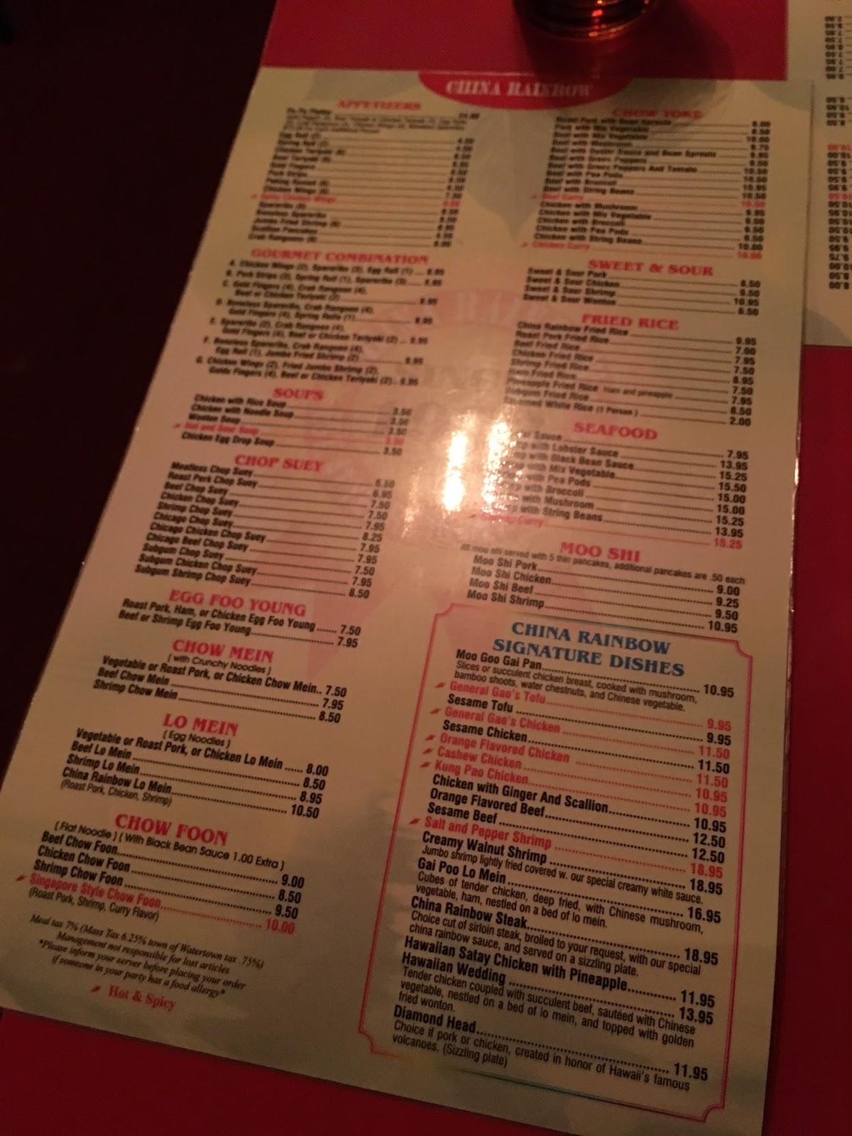 Menu at China Rainbow restaurant, Watertown