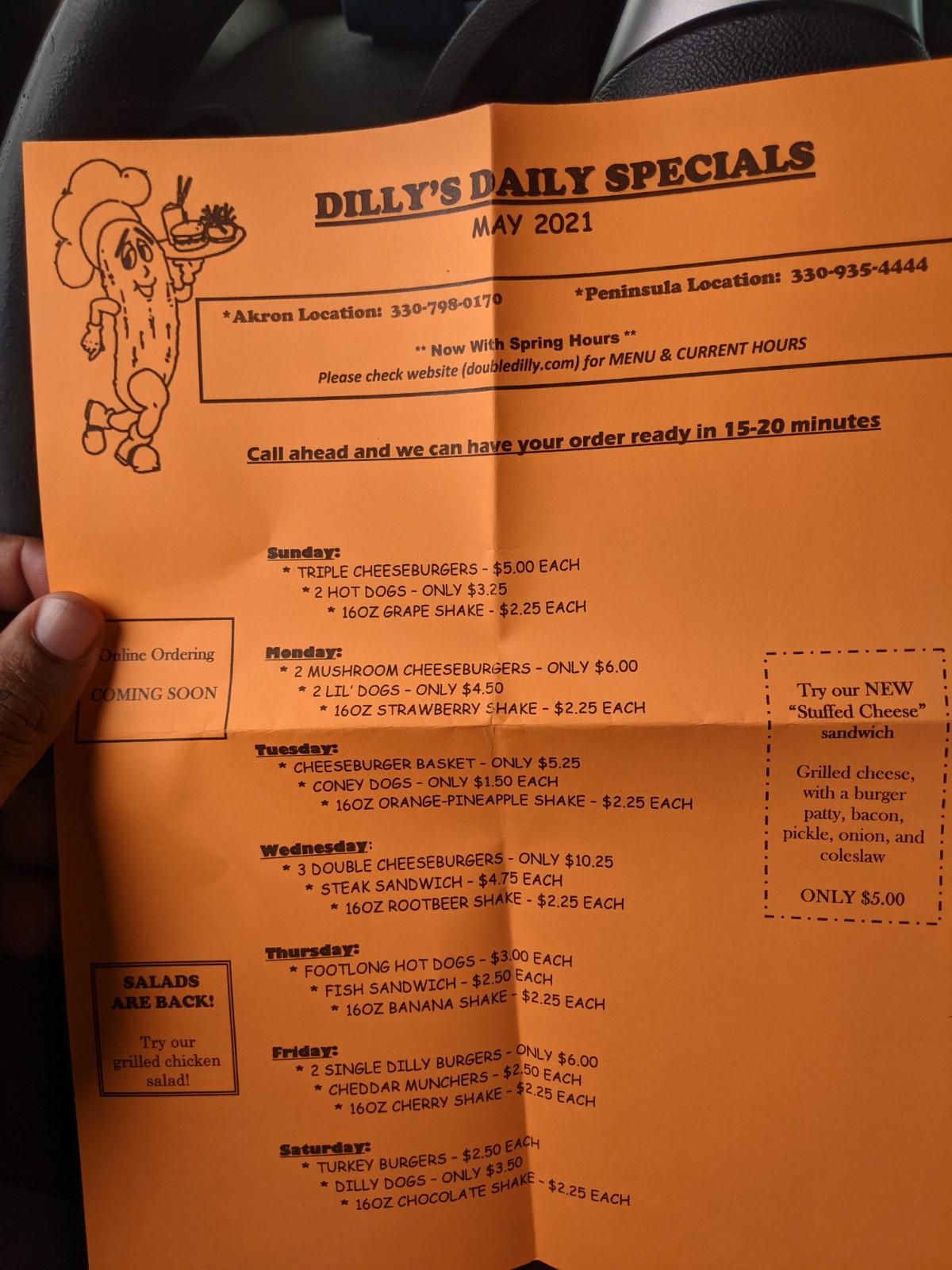 Menu at Dilly's Drive In fast food, Peninsula